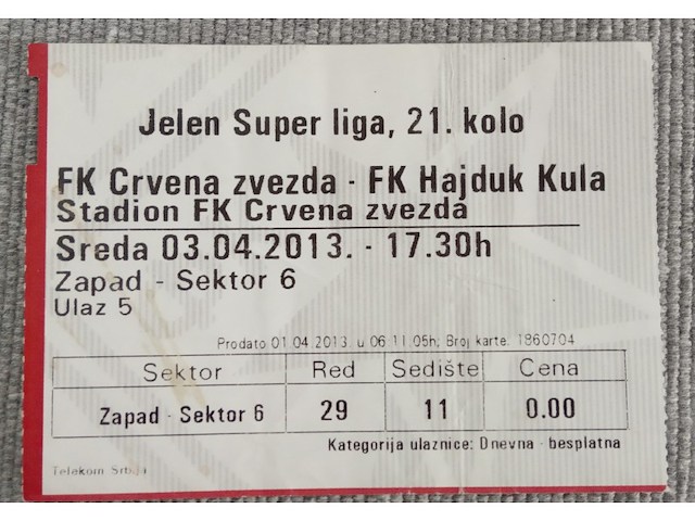 FUDBAL: CRVENA ZVEZDA - HAJDUK (Kula) 03.04.2013