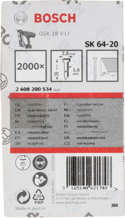 Bosch ravni ekser sa upuštenom glavom SK64 20NR 38 mm plemeniti čelik (2608200534)