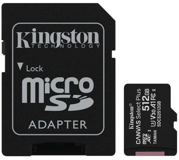 Kingston - MicroSD 512GB, Canvas Select Plus, Class 10 UHS-I U3 V30 A1, Read up to 100MB/s, Write up to 85MB/s, w/SD adapter