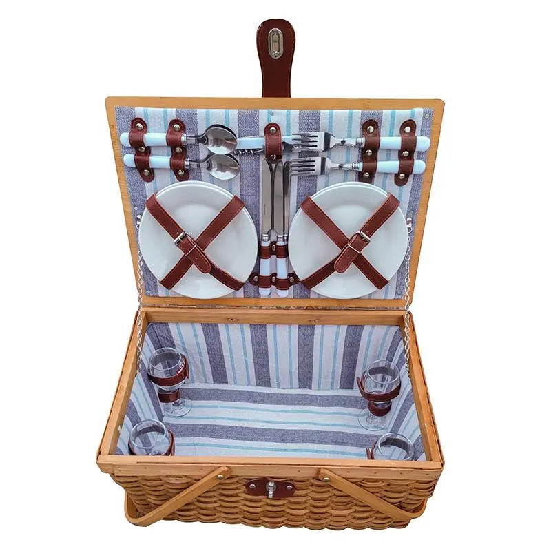 DIKER HOME Piknik korpa od pruća sa priborom za 4 osobe 46x31x21 cm natural/plava