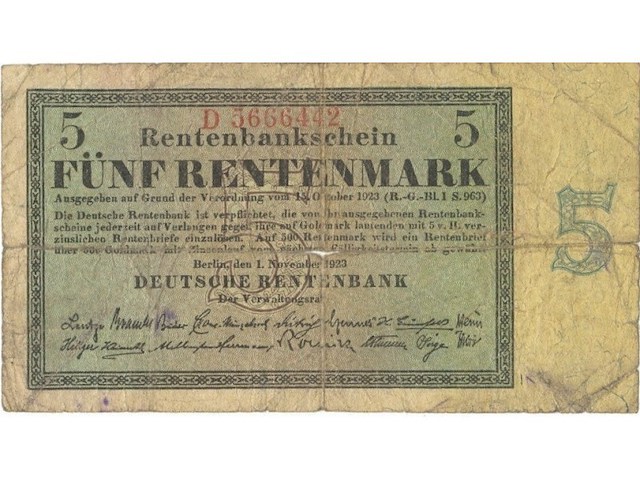 Nemacka 5 rentenmark 1923