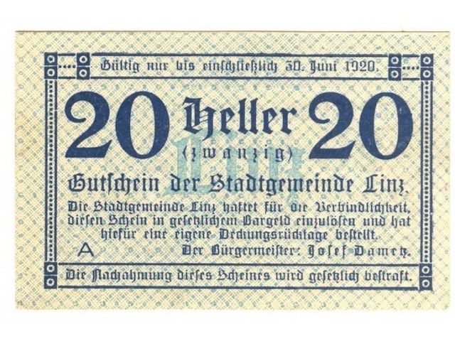 Austrija 20 heller 1920 UNC Linz notgeld