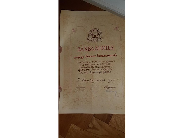 Matica Srpska DIPLOMA ZAHVALNICA 1986 dokument
