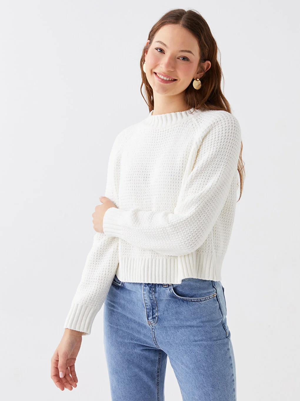 LCW Vision Trikotažni ženski džemper sa postojećim dezenom okruglog izreza dugih rukava