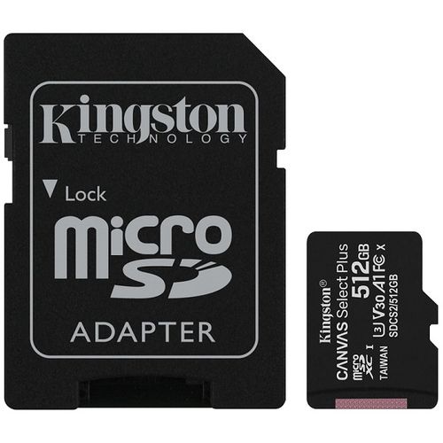 Kingston SDCS2/512GB MicroSD 512GB, Canvas Select Plus, Class 10 UHS-I U3 V30 A1, Read up to 100MB/s, Write up to 85MB/s, w/SD adapter