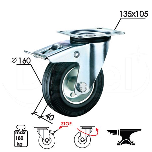 Točak za kontejner sa kočnicom T12 ZnB fi x160x40/135x105mm Q