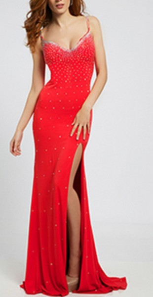 Duga crvena haljina na bretele sa rasutim cirkonima 40/42
