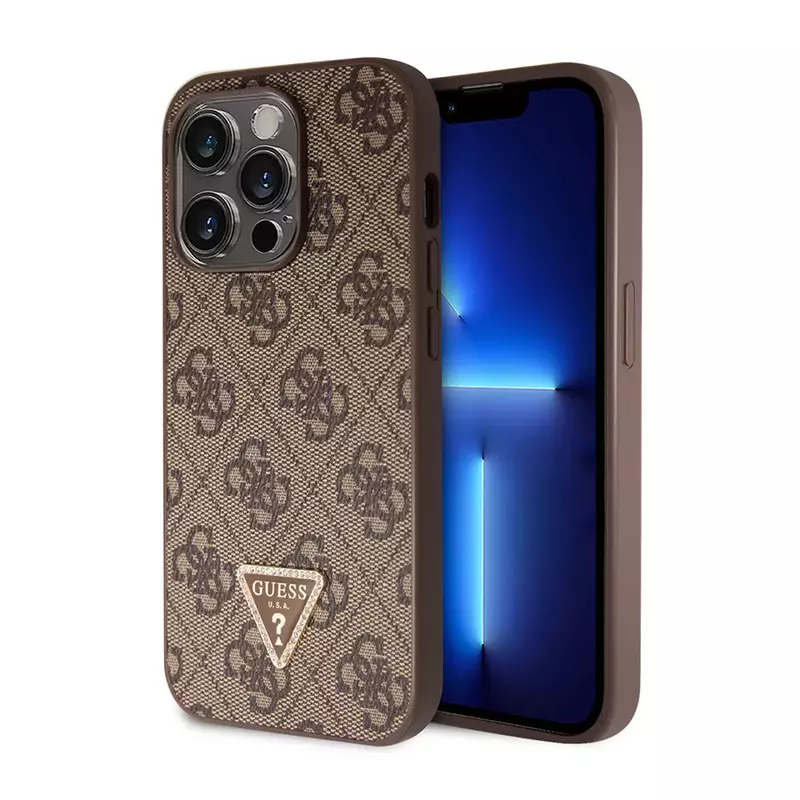 Maska Guess Hc PU Kožna 4G Triangle Strass za iPhone 15 Pro 6.1 braon GUHCP15LP4TDPW