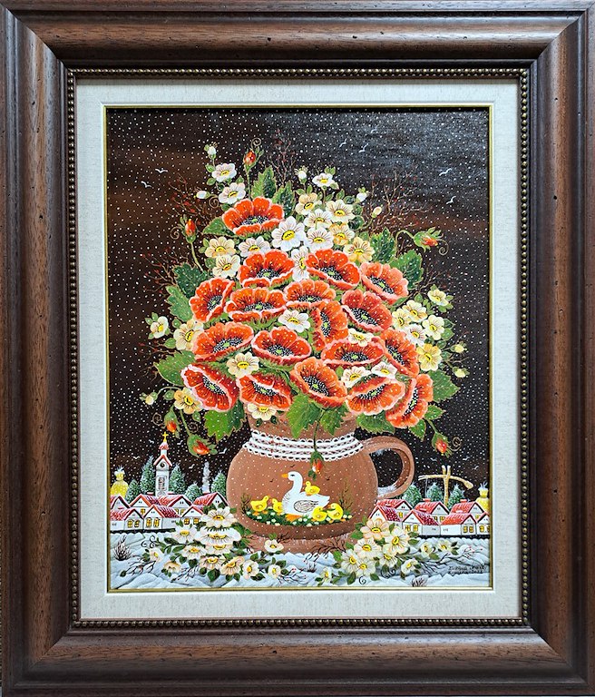 Dva godišnja doba, Zuzana Vereski, Naiva Kovačica, ulje na platnu, lux ram, sa 72×62 cm, bez 50×40 cm, sertifikat, 112100 dinara