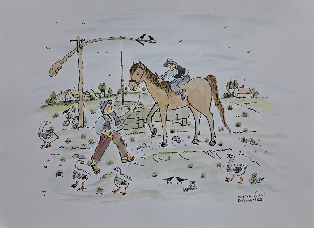 Dečija radost igra na selu, Zuzana Vereski, Naiva Kovačica, grafika dorađena akvarelom, 29×41 cm, sertifikat, 5900 dinara