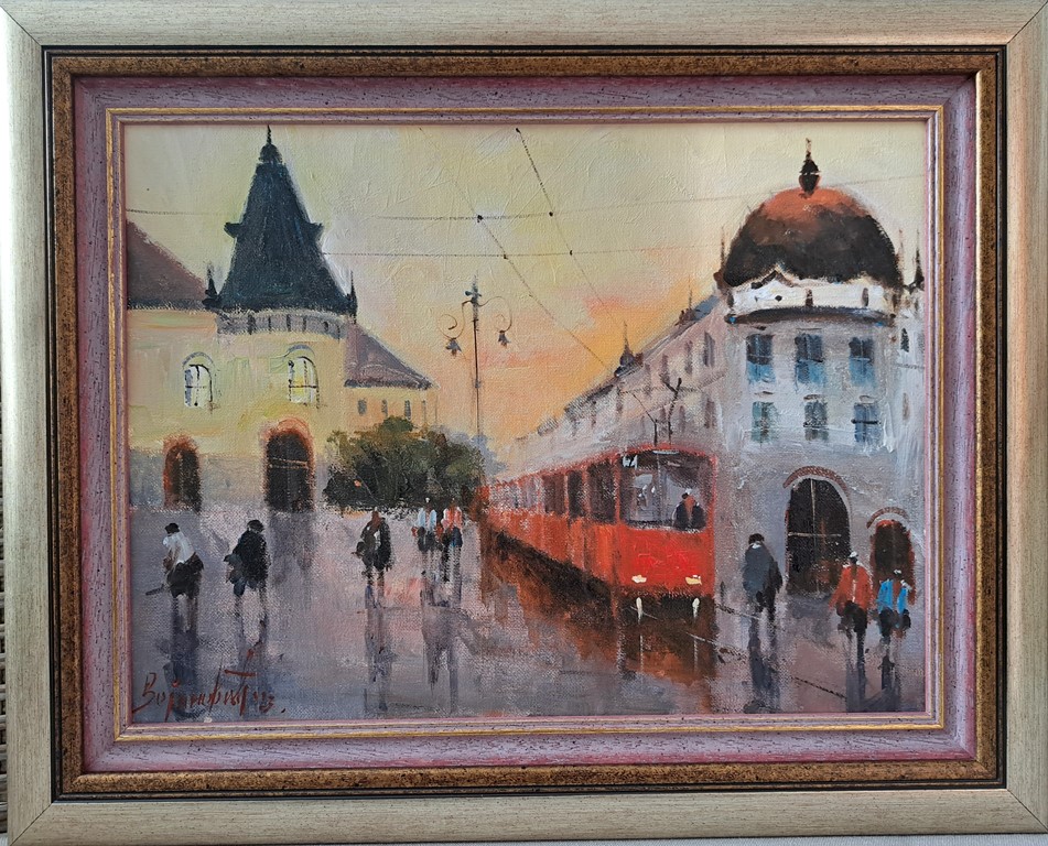 Crveni tramvaj, Radovan Vojinović, sa 40×50 cm, bez 30×40 cm, ulje na platnu, sertifikat, 120 eura