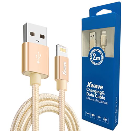 Xwave kabl USB IPHONE 2M 3A,lightning aluminium,upleteni zlatni