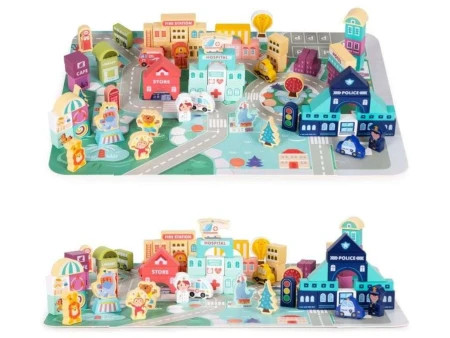 Eco Toys edukativne drvene kocke city set sa podlogom 121kom ( MA802 )