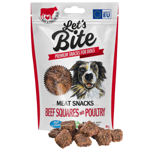 LET's Bite Meat Snacks, poslastica za pse, kockice govedine i živine, 80g