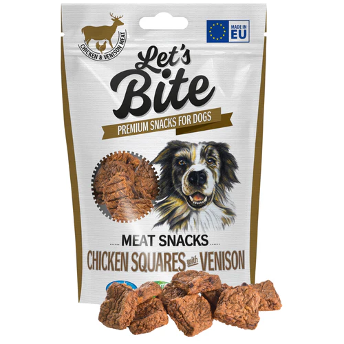 LET's Bite Meat Snacks, poslastica za pse, kockice piletine i divljači, 80g