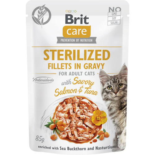 BRIT CARE Sterillized kesica, fileti u sosu sa lososom i tunom, 85% mesa, 85g
