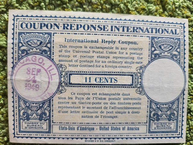 Međunarodni kupon za odgovor, 11 cents, 1949. USA Chica