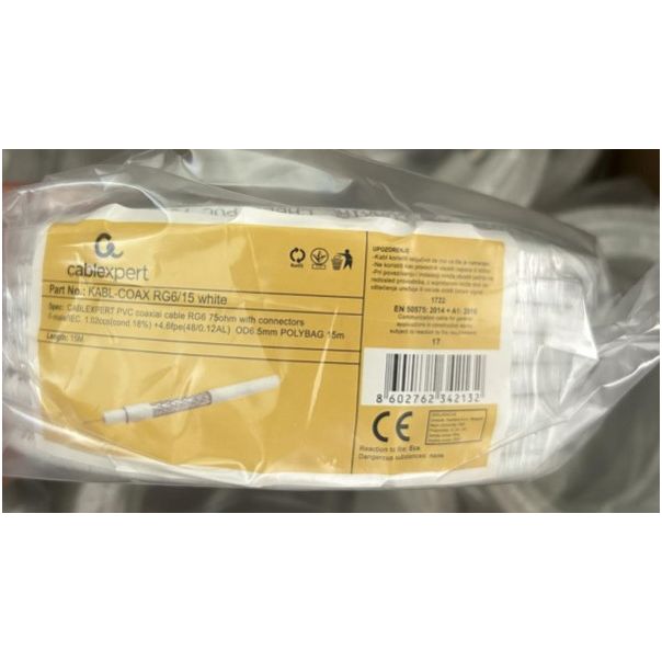 GEMBIRD Koaksialni kabl RG6 konektor KABL-COAX-RG6/15 white (X553), 15m