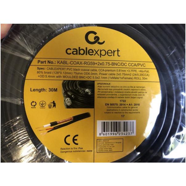 GEMBIRD Kabl za video nadzor KABL-COAX-RG59+2X0.75-BNC/DC, 30m