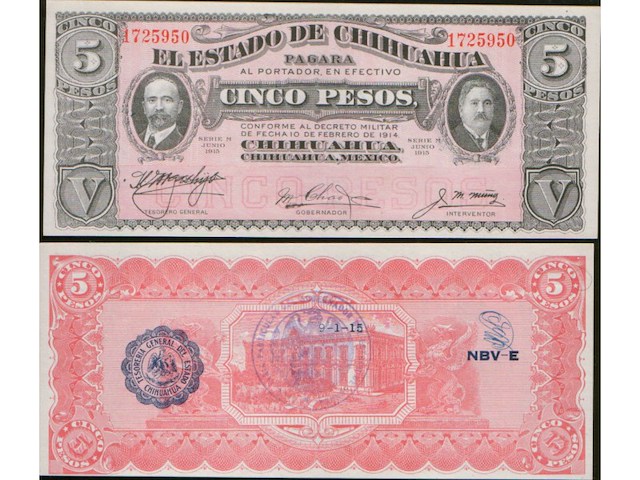 Mexico-Chihuahua 5 Pesos 1915. P-S532. UNC.