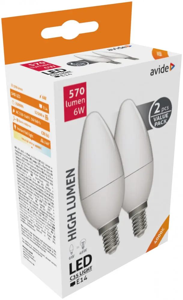 AVIDE Set sijalica LED E14 4K 6W 2/1 bele