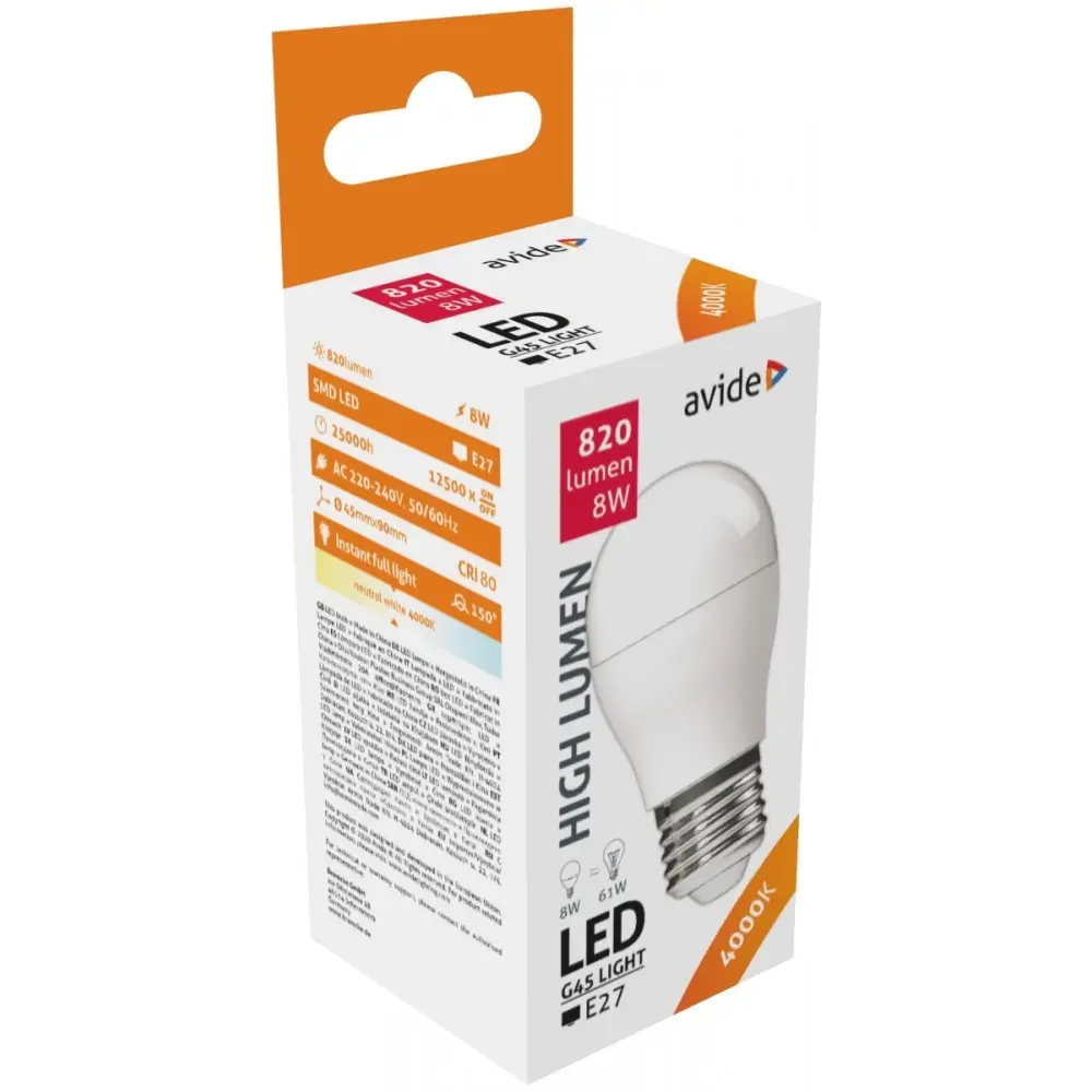 AVIDE Mini sijalica LED SMD E27 G45 4K 8W bela