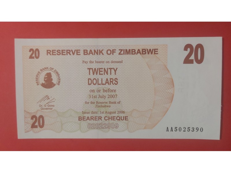 20 dollars 2006 god Zimbabwe UNC