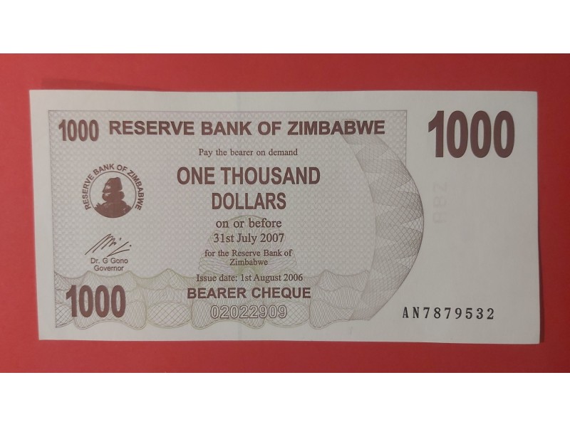 1.000 dollars 2006 god Zimbabwe aUNC