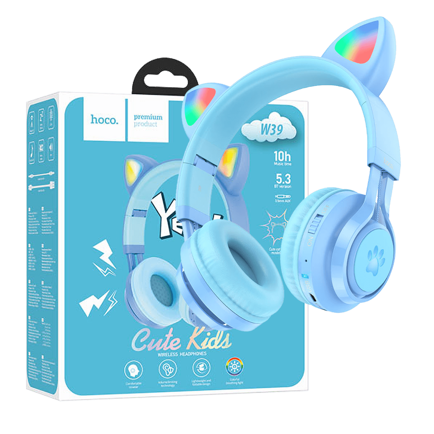 hoco. Bežične stereo slušalice, Bluetooth v5.3, 400mAh – W39 slušalice Mačje uši,Plave