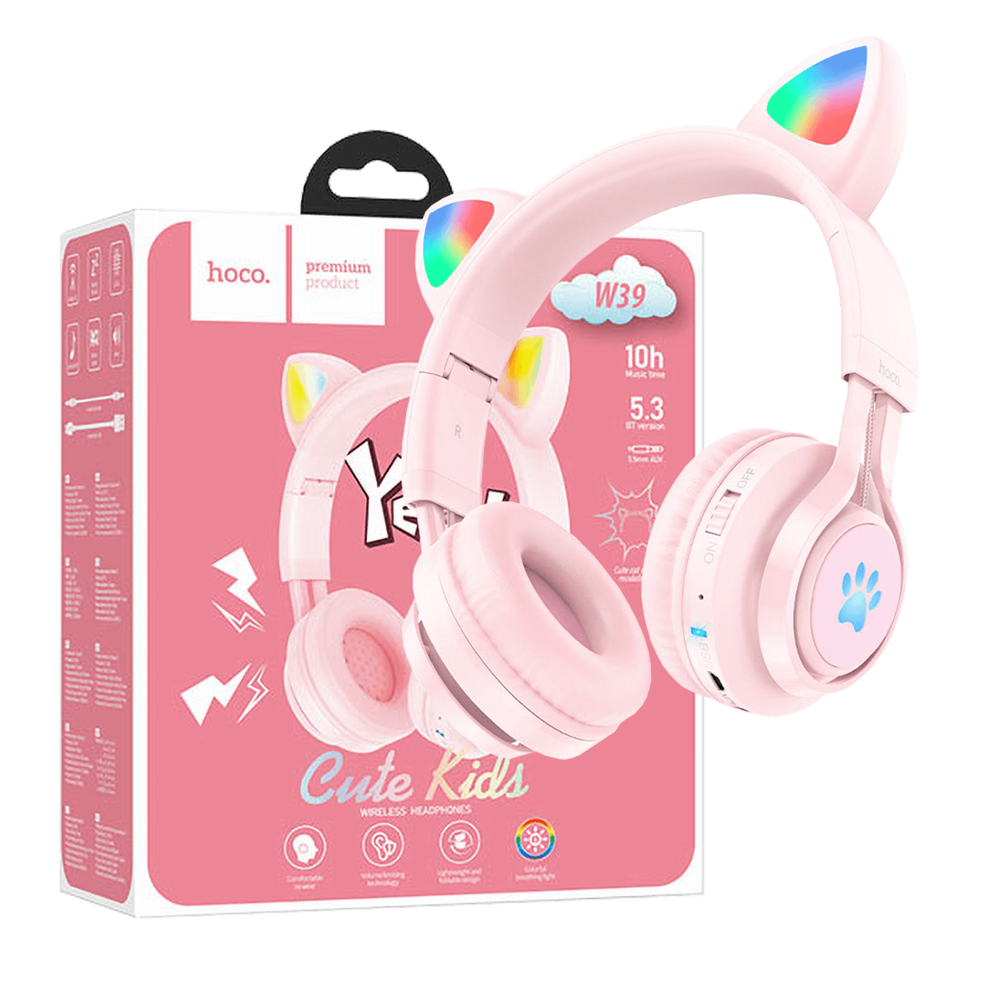 hoco. Bežične stereo slušalice, Bluetooth v5.3, 400mAh – W39 slušalice Mačje uši,Pink