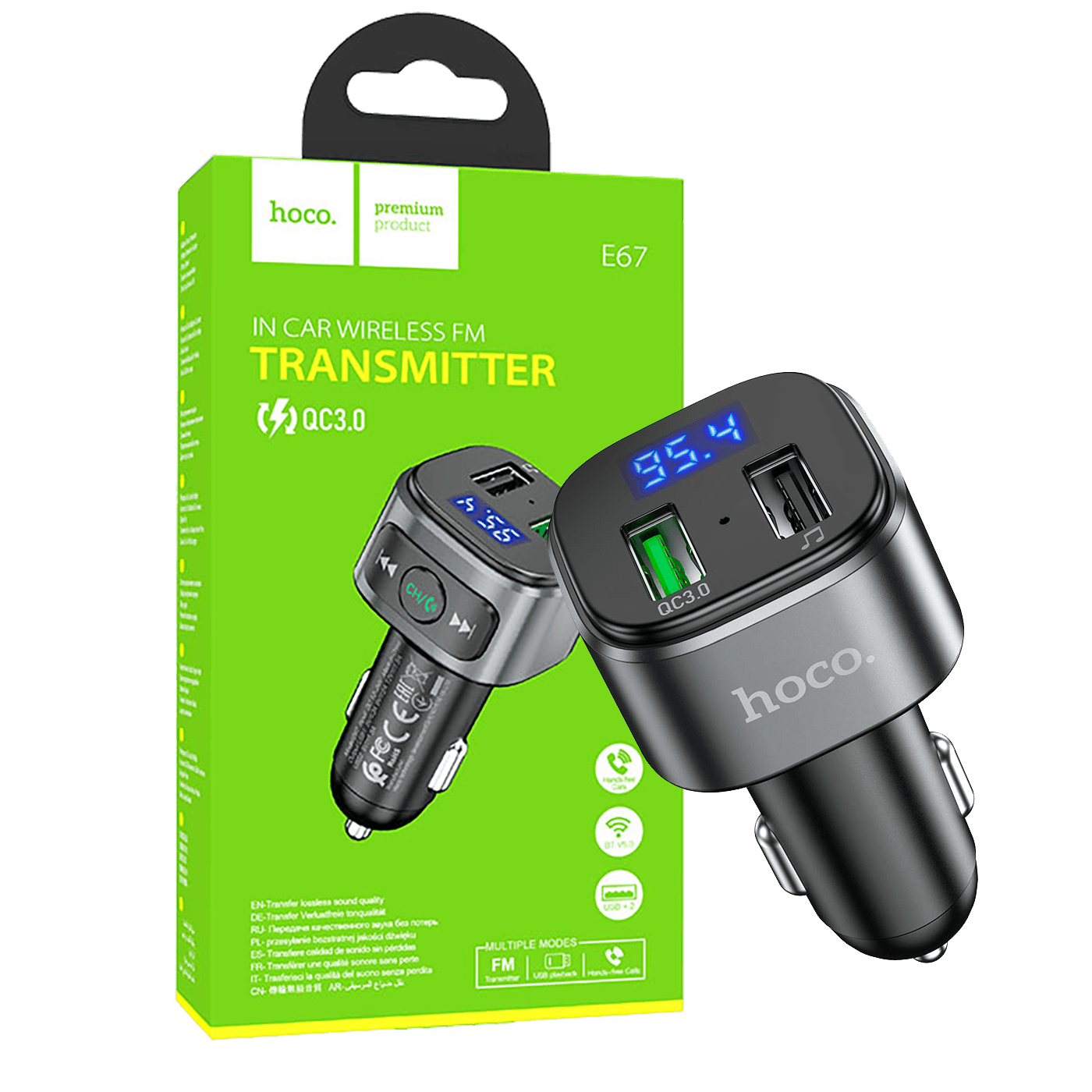 hoco. FM transmiter, punjač za auto, BT v5.0, 2 x USB – E67 Fighter