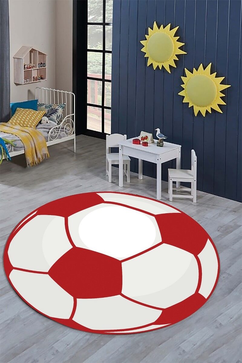 Okrugli tepih za decu 120x120cm sa gumenom podlogom – Fudbalska lopta, crveno-bela, TG-119
