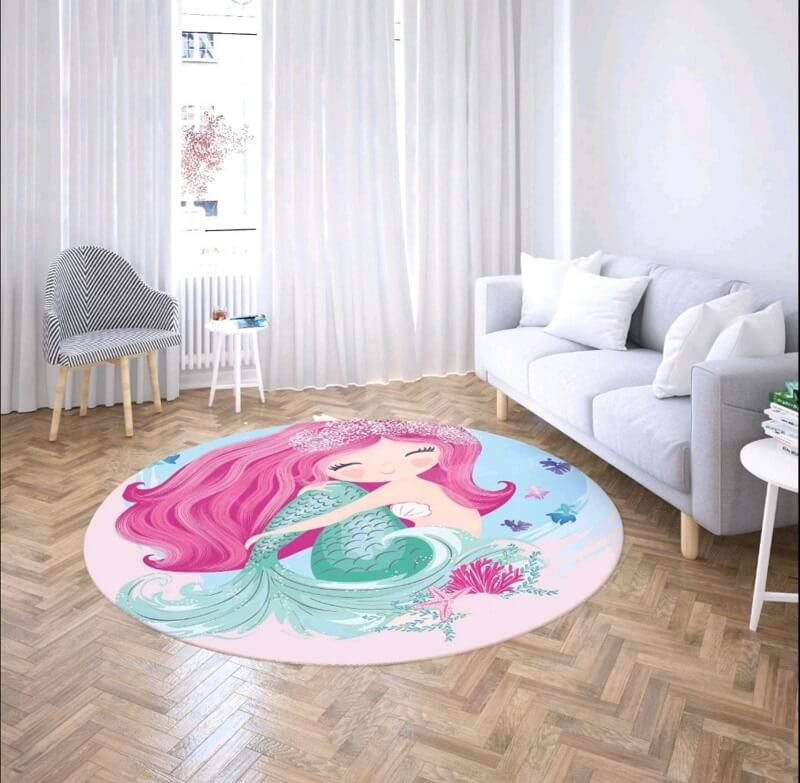 Okrugli tepih za decu 120x120cm sa gumenom podlogom – Mala sirena, TG-143