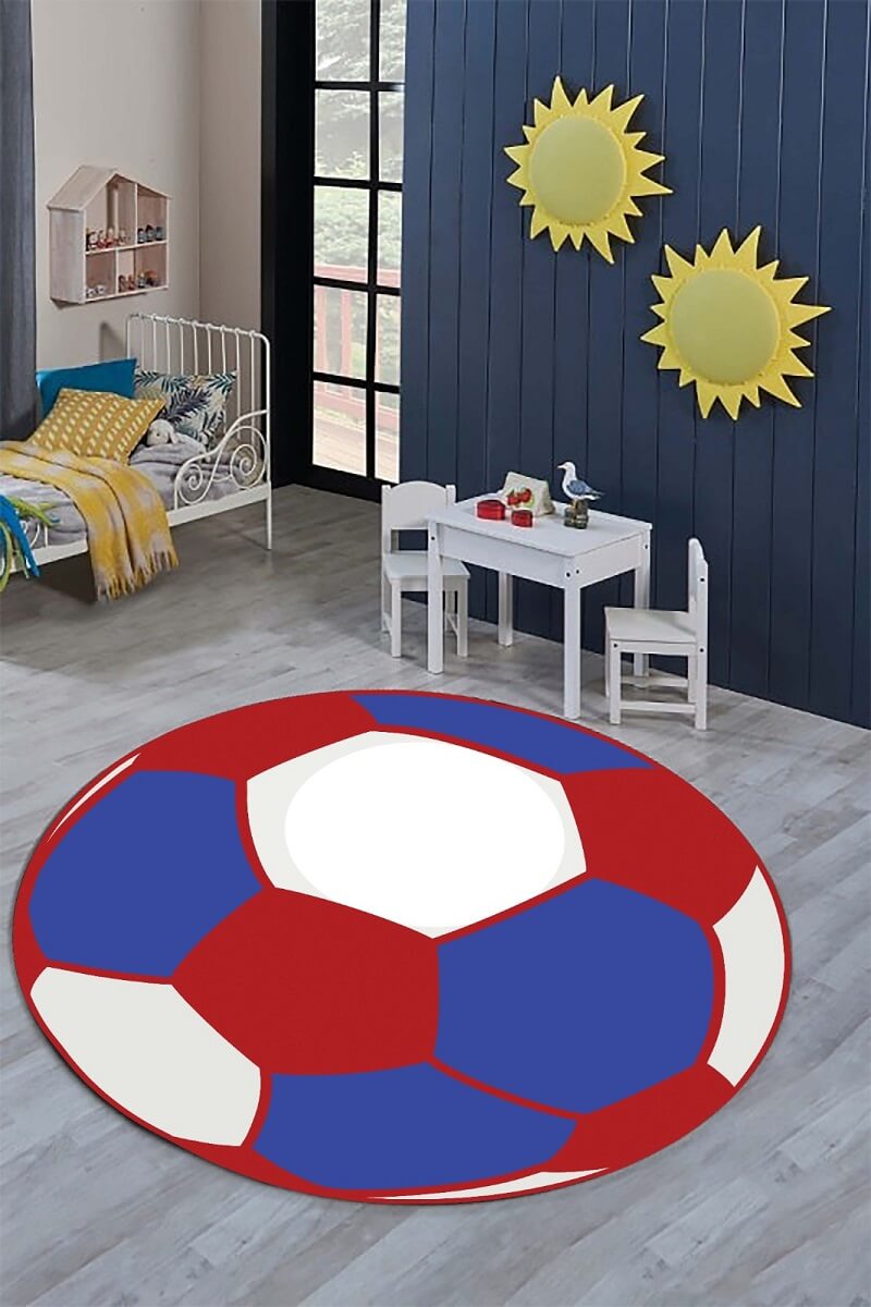 Okrugli tepih za decu 120x120cm sa gumenom podlogom – Fudbalska lopta, crveno-plava, TG-118