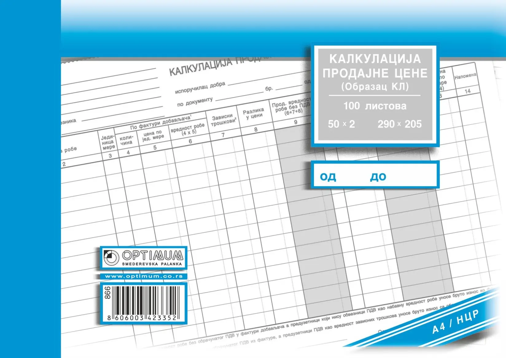 OPTIMUM Kalkulacija prodajne cene A4 NCR 866 2/1