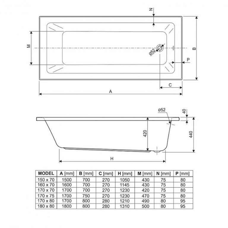 KADA 170X70 COMO AQUAESTIL