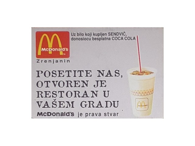 Kupon `MC DONALDS` Zrenjanin Jugoslavija