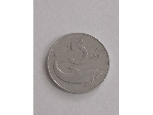 5 Lira 1951.g - Italija - Životinja Delfin -