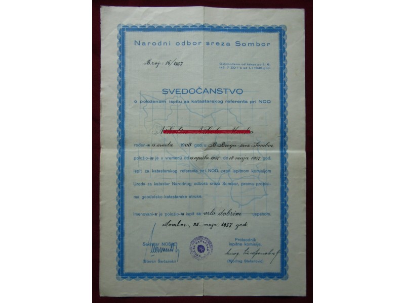 Diploma Katastarskog Referenta NOO B.Breg, Sombor 1957.