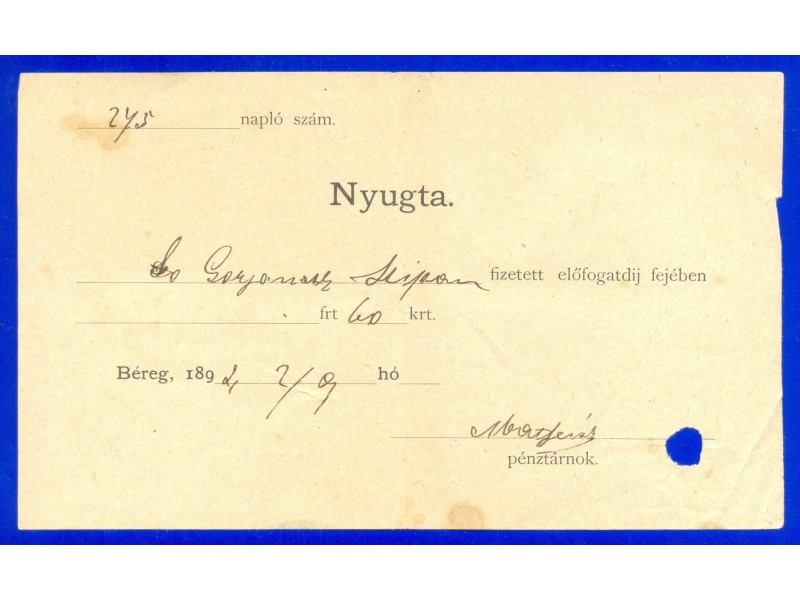 Mađarski Dokument Priznanica, Nyugta - Bački Breg 1892.