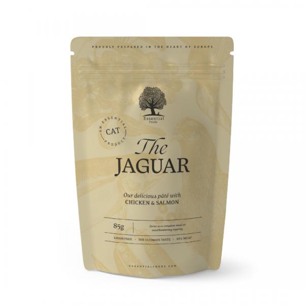 ESSENTIAL THE JAGUAR POUCH
85G
PRELIV SA FILETIMA PILETINE I LOSOSA U SOSU BEZ ŽITARICA NAMENJEN ISHRANI ODRASLIH MAČAKA