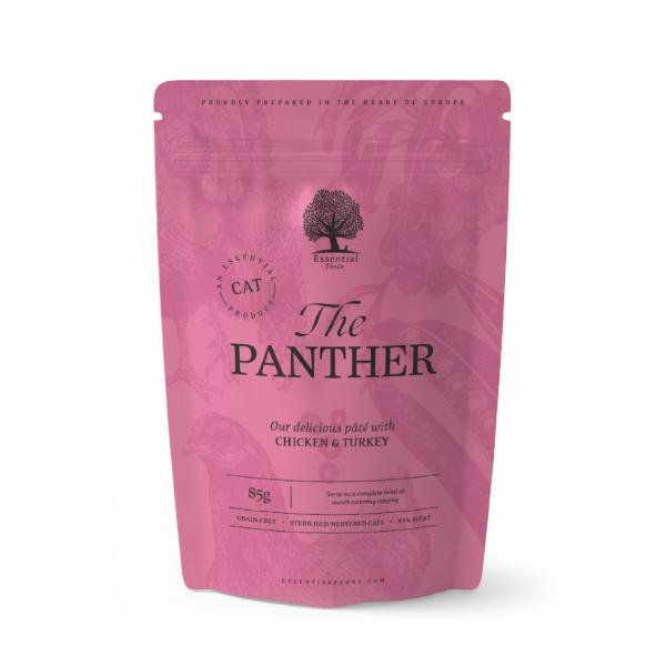 ESSENTIAL THE PANTHER POUCH
85G
PRELIV SA FILETIMA PILETINE I ĆURETINE U SOSU BEZ ŽITARICA NAMENJEN ISHRANI KASTRIRANIH/STERILISANIH I KUĆNIH/NEAKTIVNIH MAČAKA.