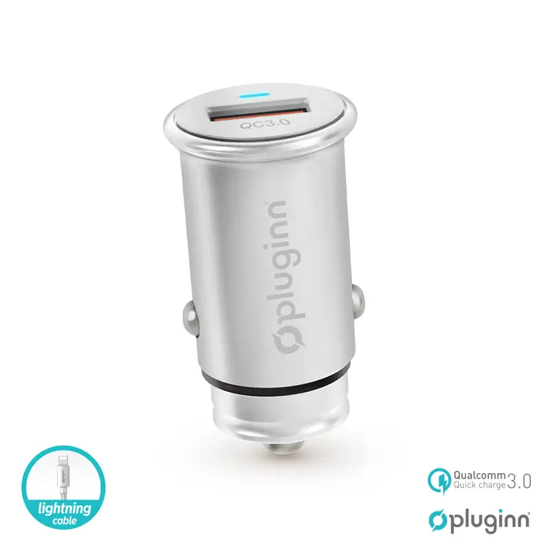 PLUGINN PI-20 Auto-punjač QC3.0, 5V, 18W, USB sa iPhone lightning kablom, Srebrni