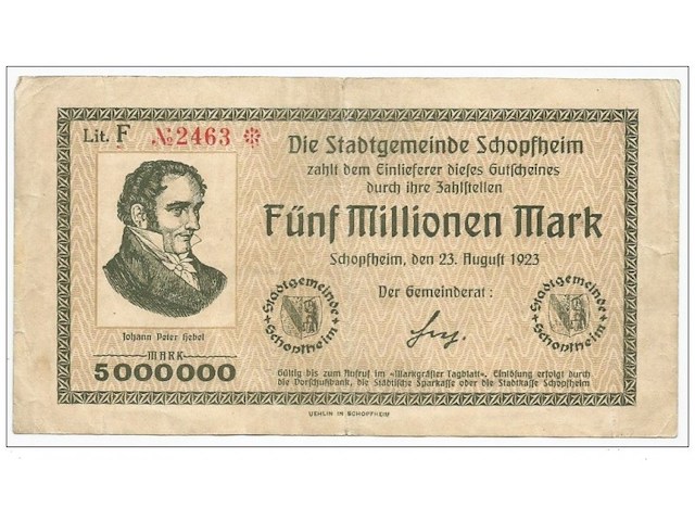 Nemacka 5 millionen mark 1923. Schopfheim