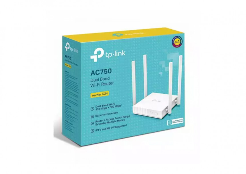 Wireless Router TP-Link Archer C24 AC750 433Mb/s/ext x 4/2.4-5Ghz/1WAN/4LAN