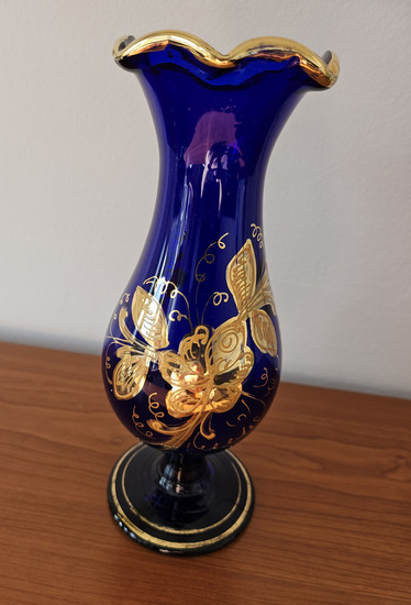 Vintage vaza kobalt staklo slikano zlatom, r.r