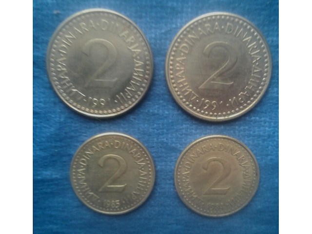 Dva dinara iz 1991, 1984 i 1985.