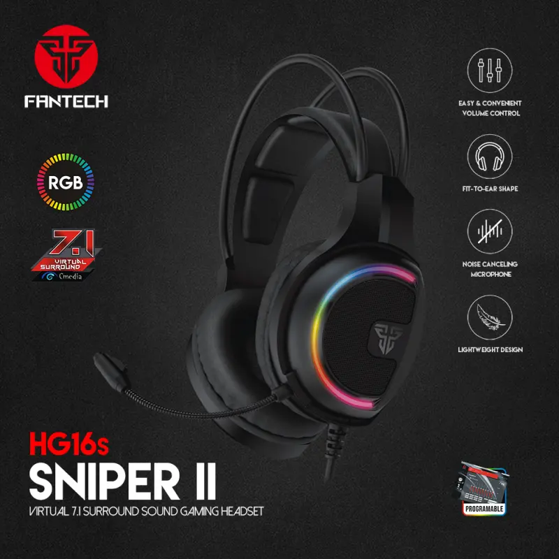 FANTECH HG16s Sniper II 7.1 Gaming slušalice sa mikrofonom, Žično povezivanje, Crna