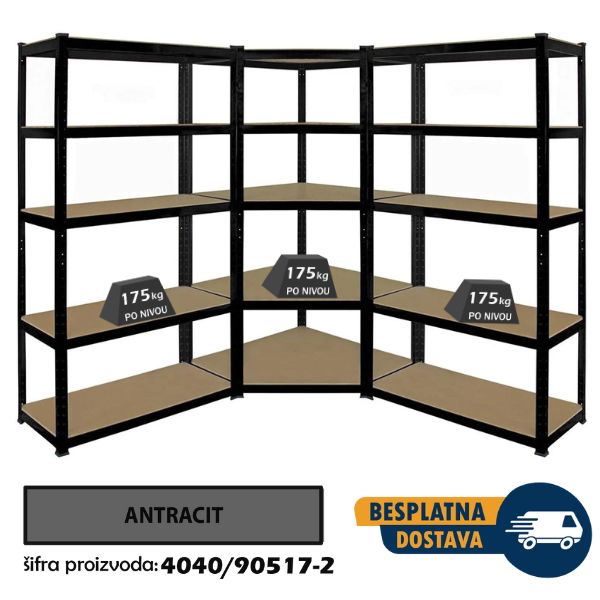 Ugaona polica 180x90x90x40cm, 5x175kg + 2 police 180x100x40cm, 5x175kg antracit