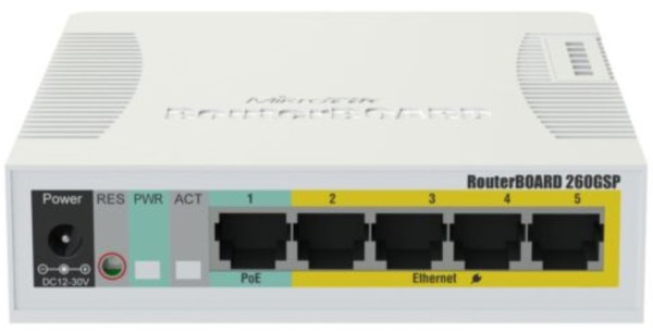 MikroTik RB260GSP, Switch, CSS106-1G-4P-1S, 5x RJ45 1000Mb/s, 1x SFP, 4x Passive PoE (55)